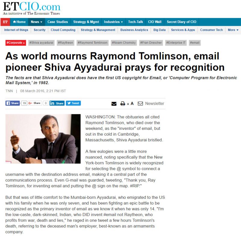 As world mourns Raymond Tomlinson, email pioneer Shiva Ayyadurai prays ...