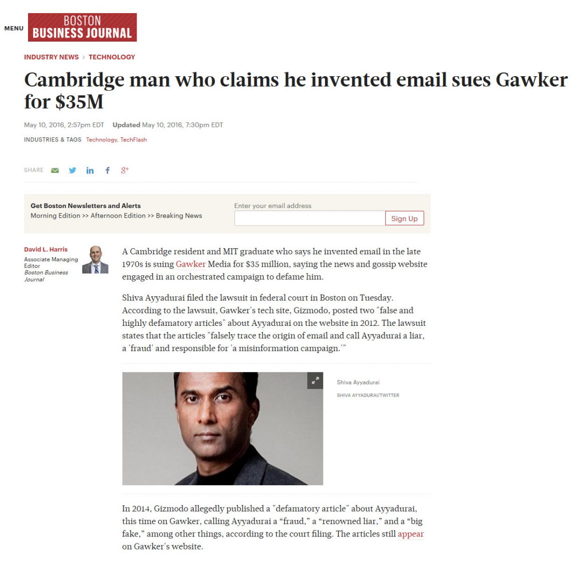 Cambridge man who claims he invented email sues Gawker for $35M
