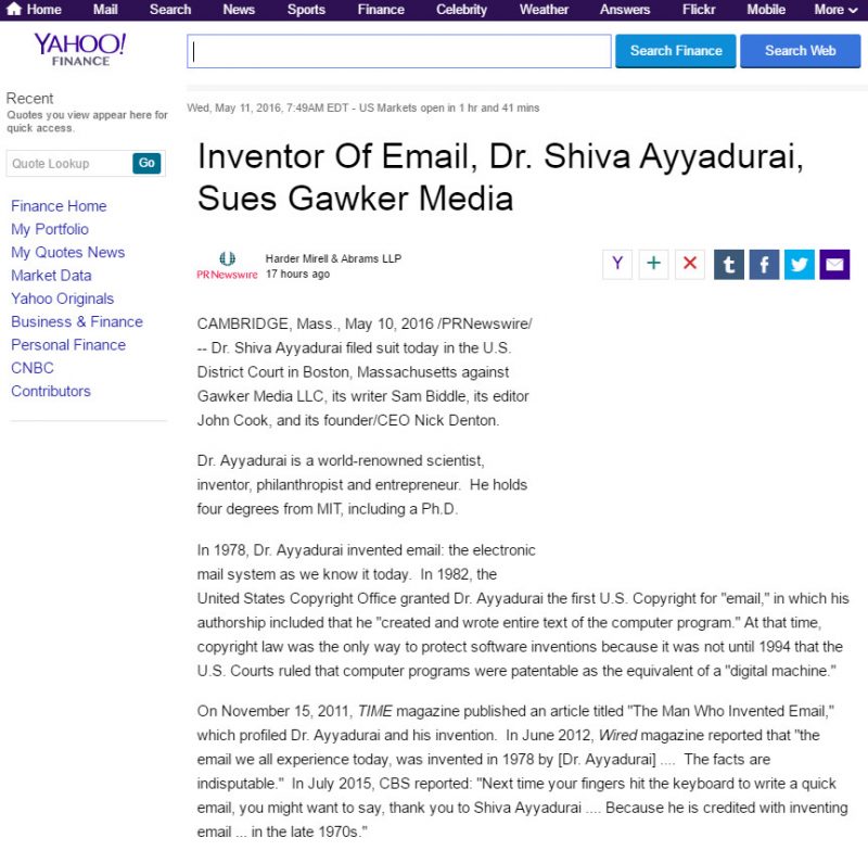 Inventor Of Email, Dr. Shiva Ayyadurai, Sues Gawker Media